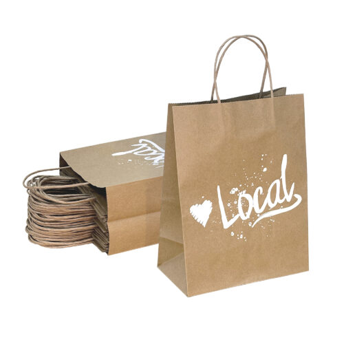 Prime 5 x 3 x 8" Love Local Kraft Paper Shopping Bags | Okanagan Bag & Box